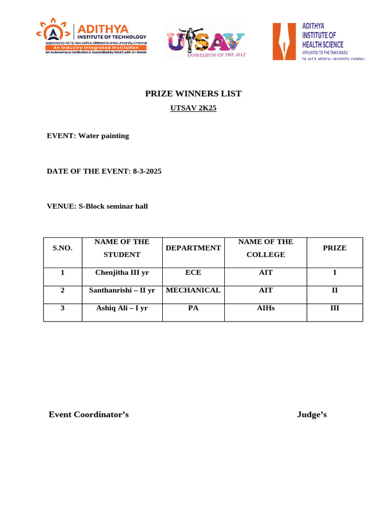 PRIZE WINNERS LIST - UTSAV'25 | PDF