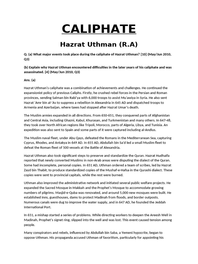 CALIPHATE Questions (Islamiyat) | PDF | Ali | Caliphate