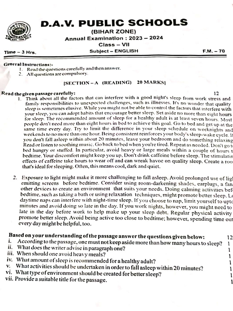 DAV Bihar Class Vii Annual English Qp | PDF