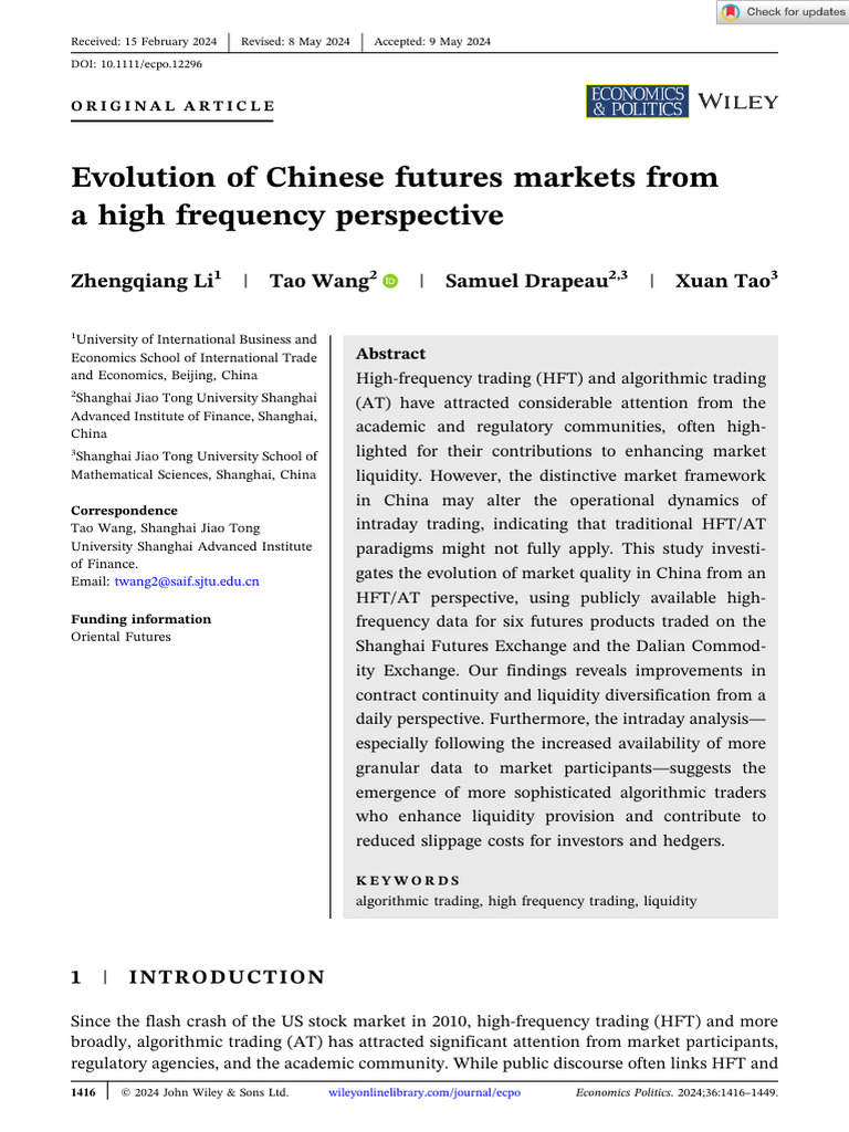 Economics Politics - 2024 - Li - Evolution of Chinese Futures Markets From A High Frequency ...