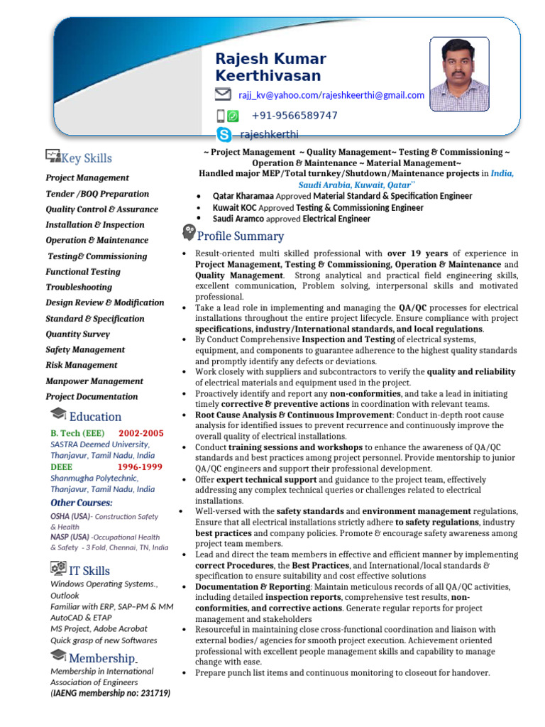 Rajesh Kumar-CV - Electrical Engineer | PDF | Specification (Technical Standard) | Quality Assurance