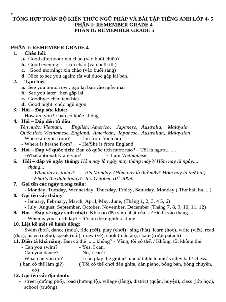 Tong Hop Kien Thuc Lop 5 Len Lop 6 | PDF