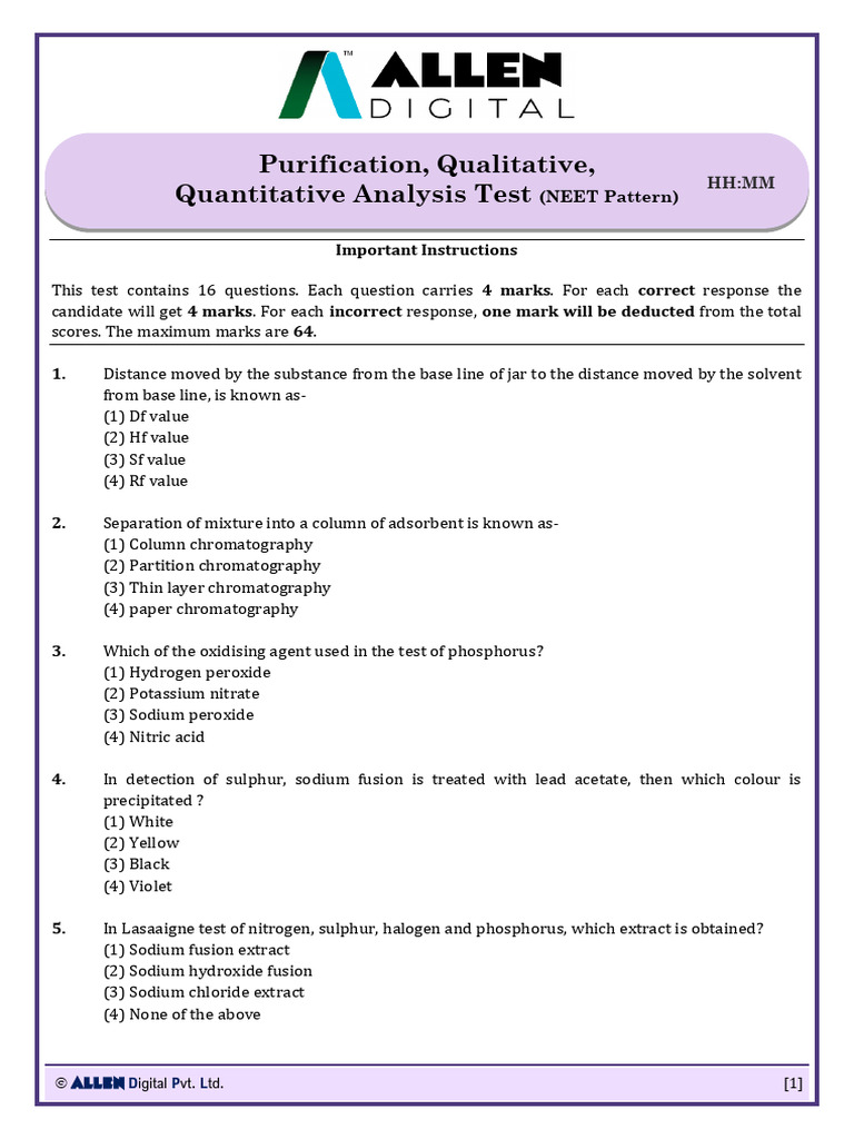 Purification, Qualitative, Quantitative Analysis - Exercise-1 and 2 | PDF | Chromatography ...