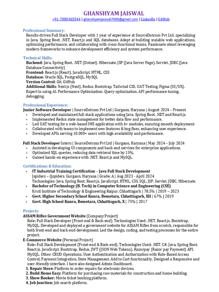 Ghanshyam Jaiswal Resume | PDF | Java (Programming Language) | Databases