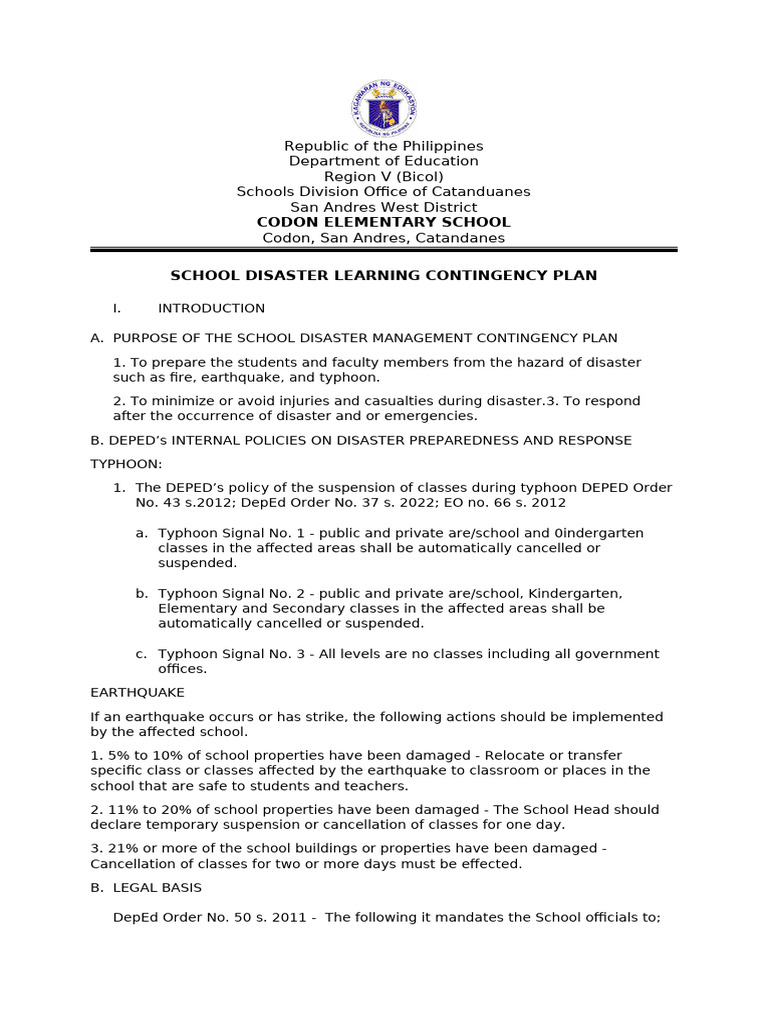 School Disaster Learning Contingency Plan | PDF