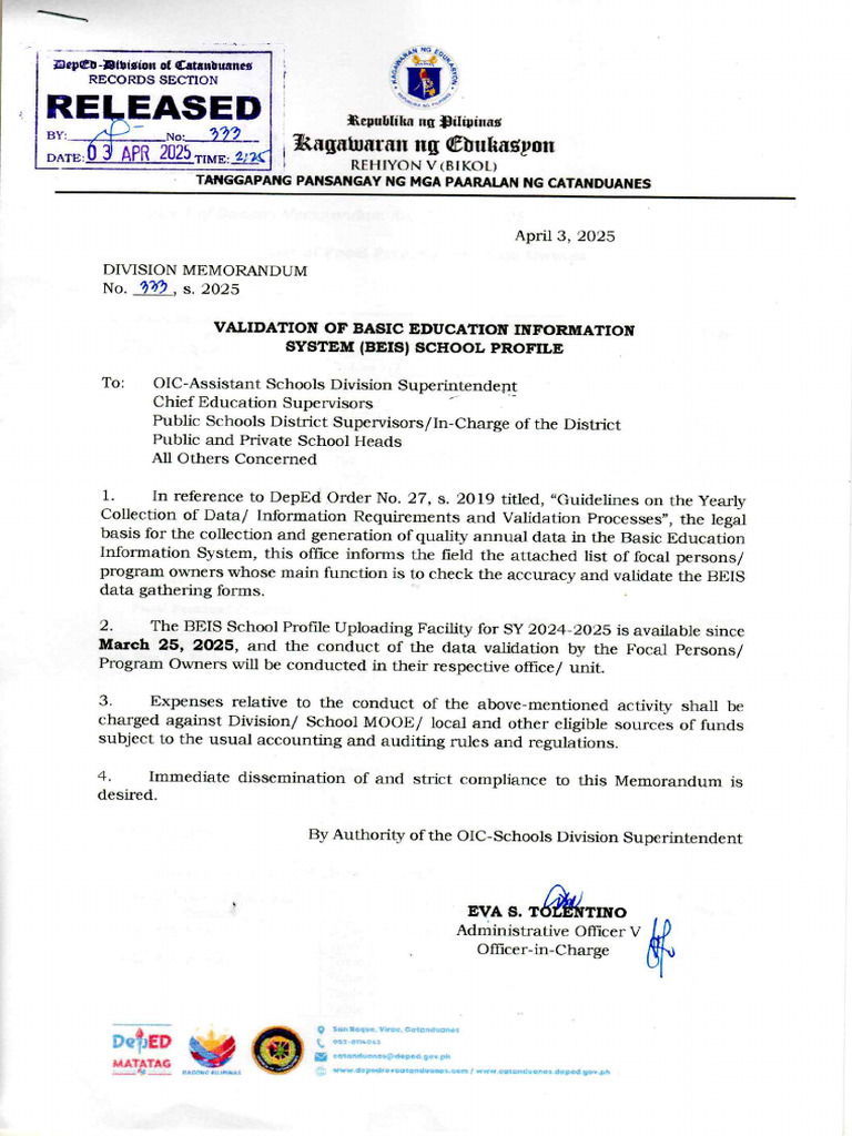 REC-DM-333, S.2025 Validation of Basic Education Information System ...