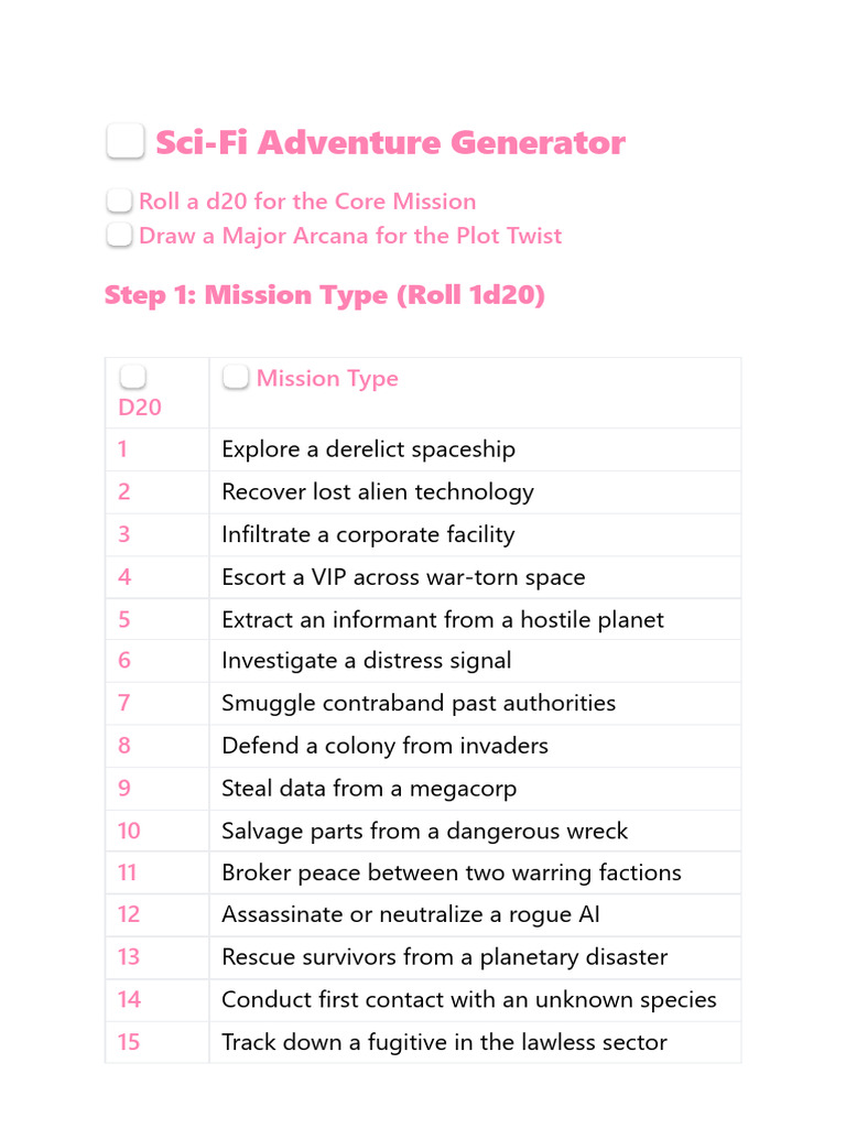 Sci-Fi Adventure Mission Generator | PDF