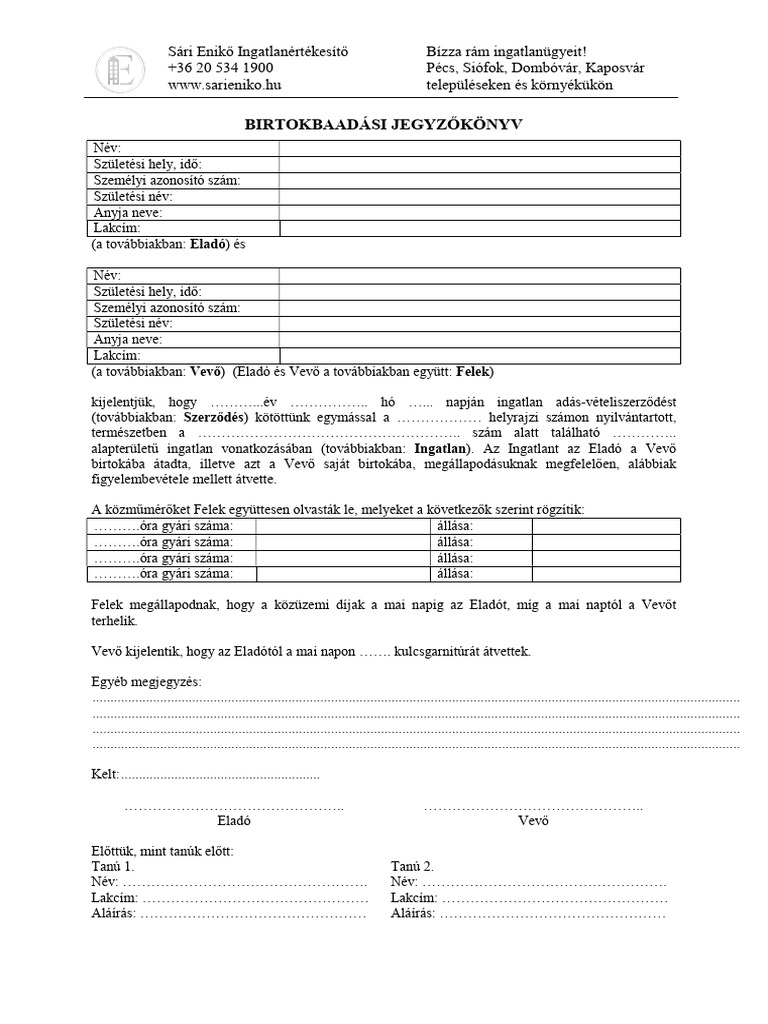 Birtokbaadási Jegyzőkönyv - Minta - Sári Enikő Ingatlanértékesítő | PDF
