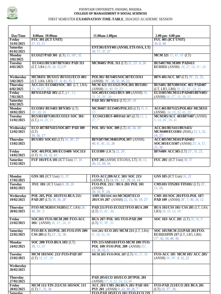 2024-2025 - First Semester Examination Time-Table | PDF