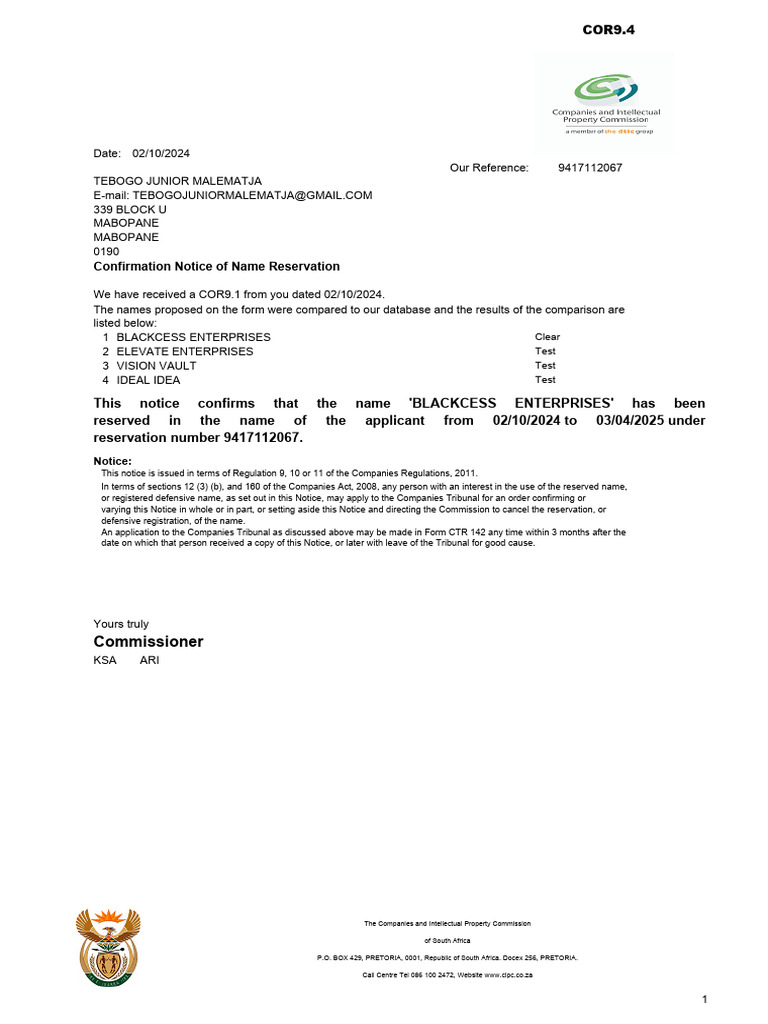 Confirmation Notice of Name Reservation: Commissioner | PDF