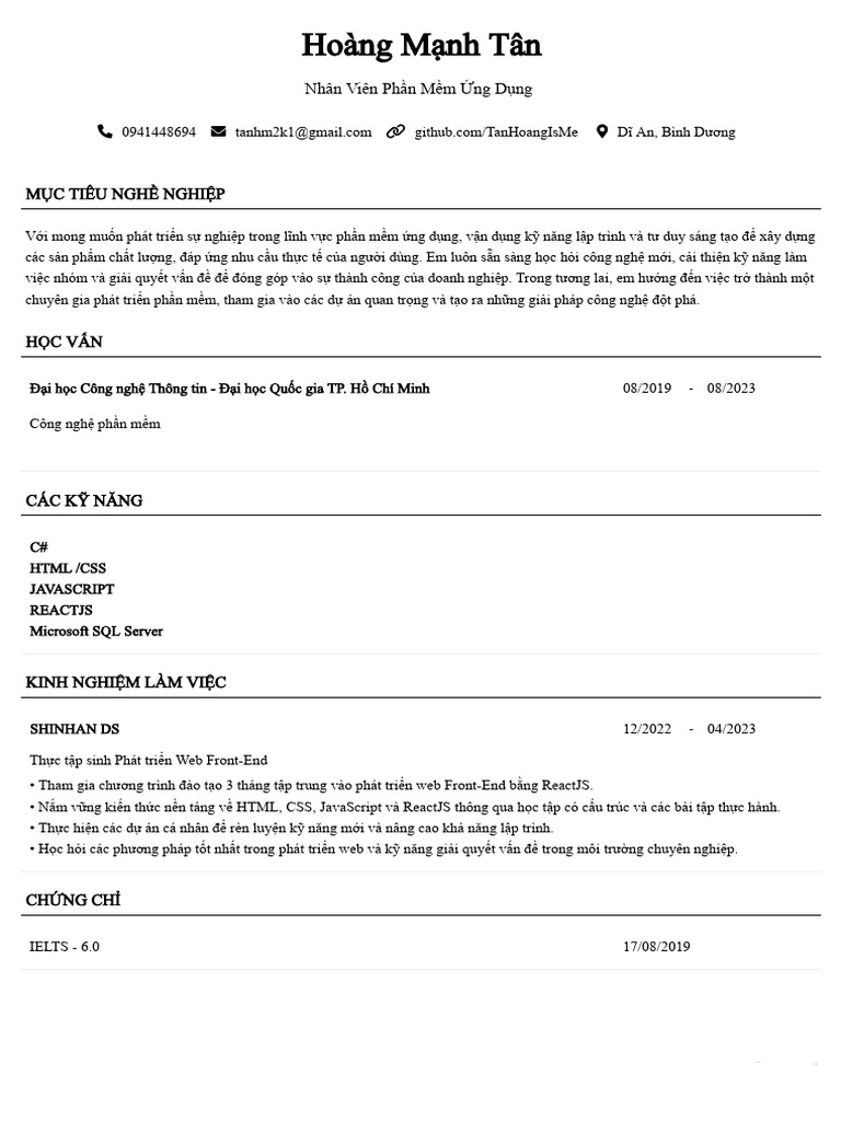 Hoang Manh Tan CV VN - 1743501599153 - 174350159836 | PDF