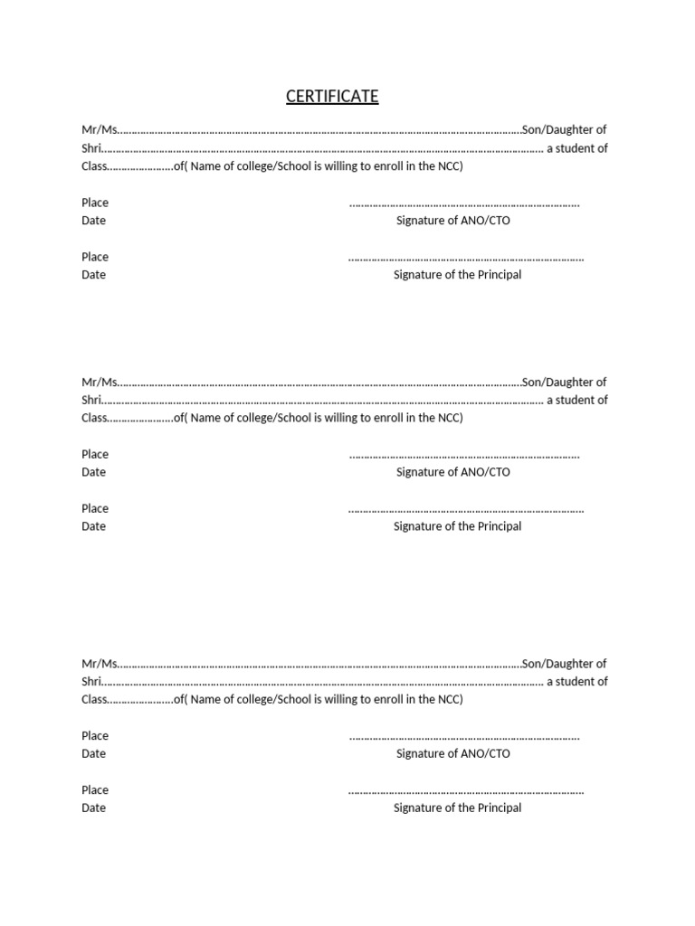 NCC Enrollment Certificate Template | PDF