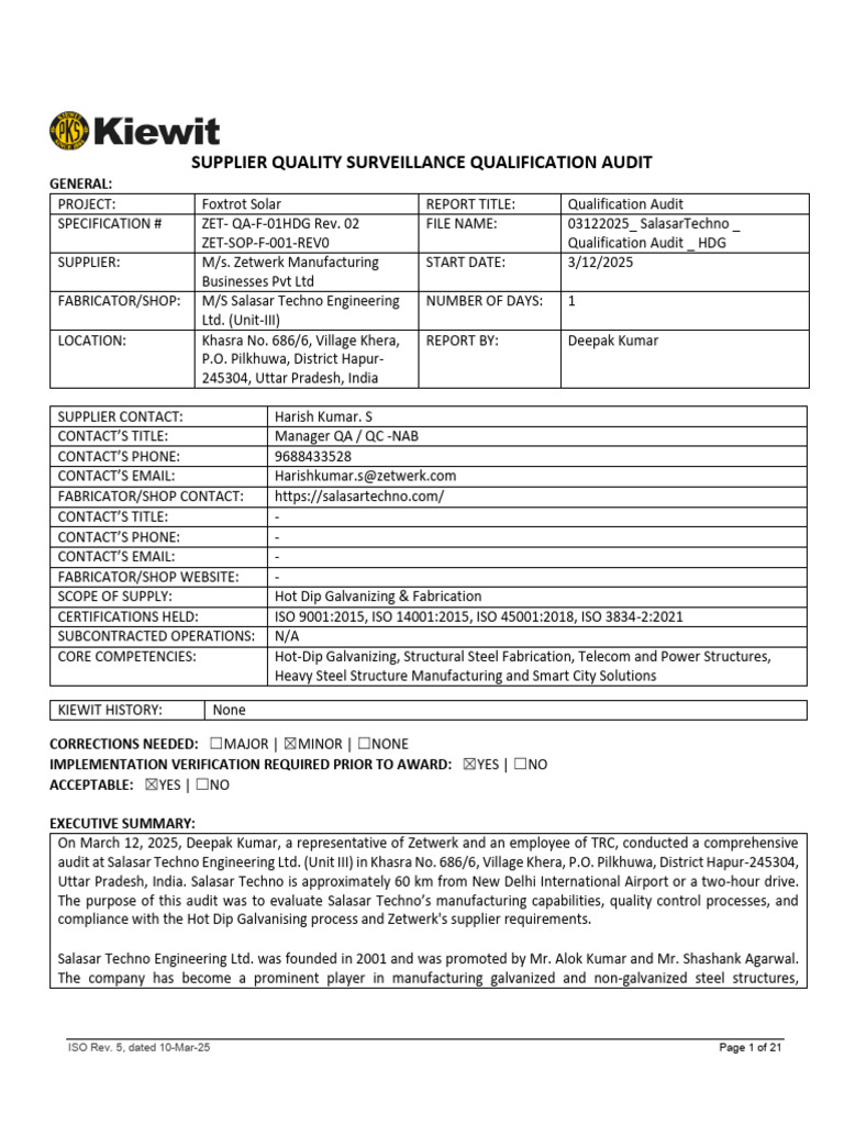 Salasar Techno - Qualification Audit | PDF | Quality Assurance | Specification (Technical Standard)