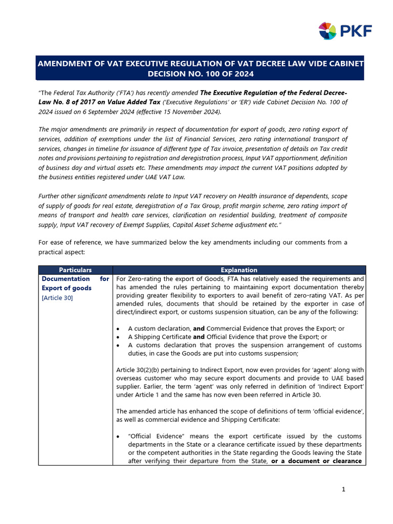 PKF UAE Update - VAT Amendment To Executive Regulation | PDF | Value ...