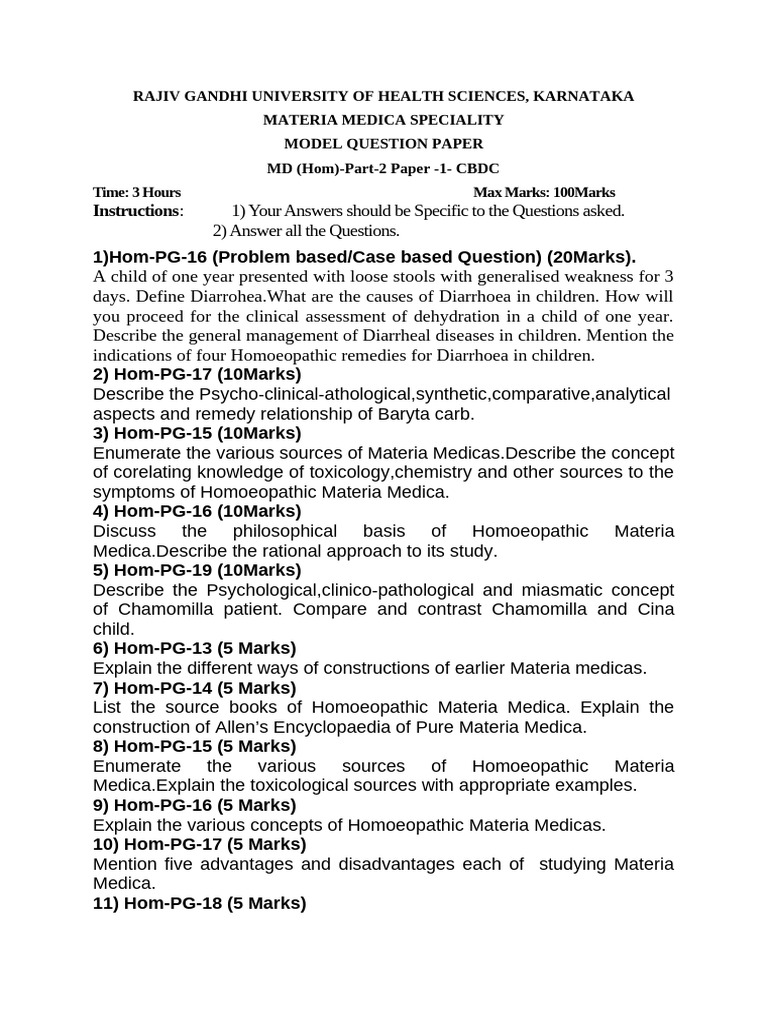 Model Question Paper MD Materia Medica CBDC Part-2 Paper-1 | PDF