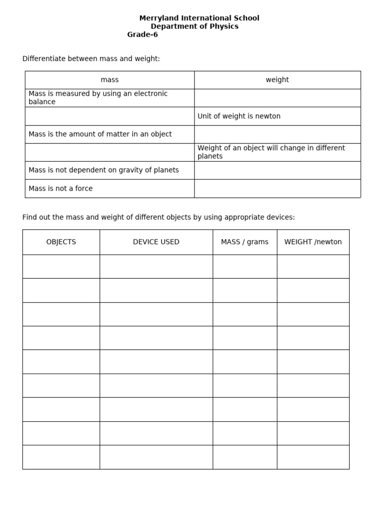 Mass and Weight Worksheet | PDF | Weight | Mass