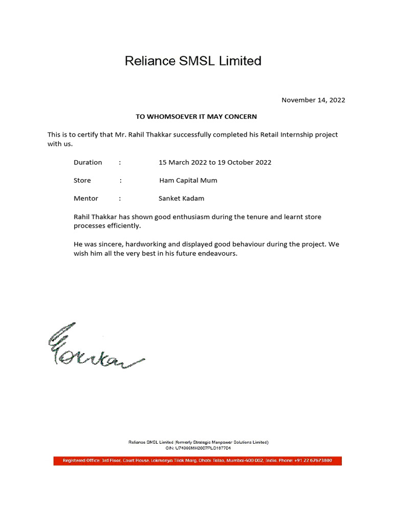 Reliance Retail Internship Certificate | PDF