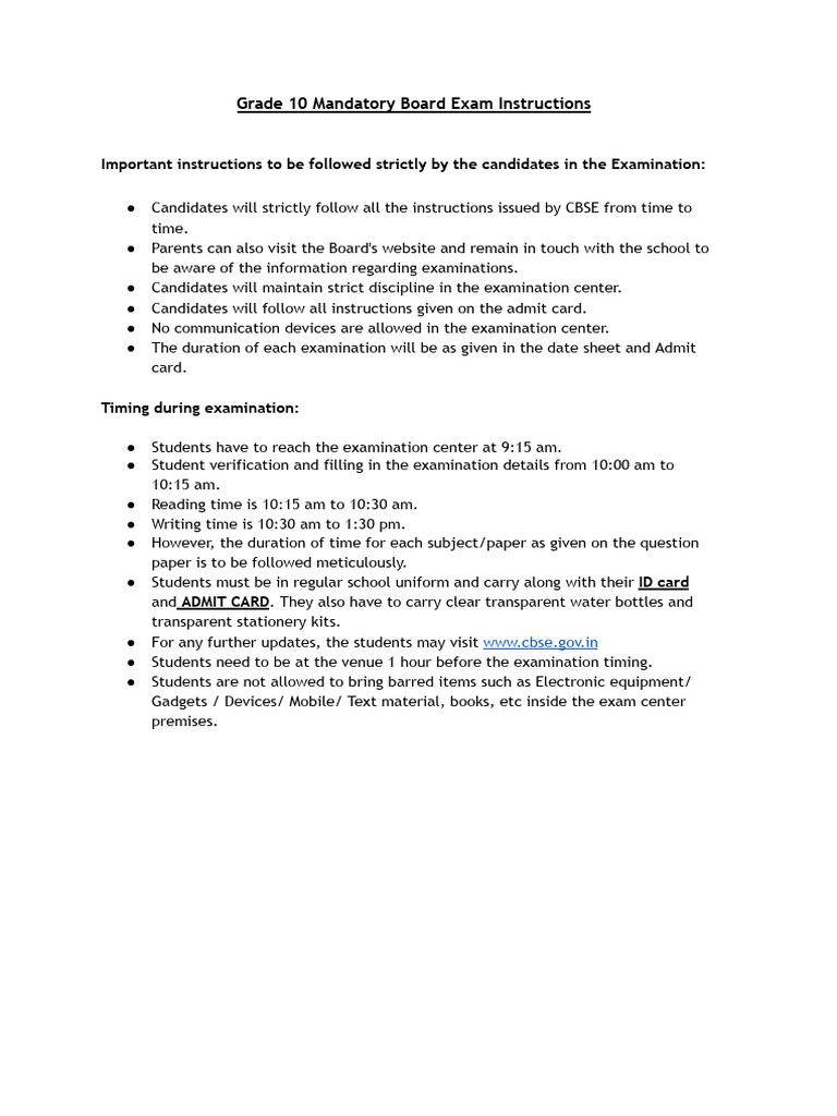 Grade 10 Board Exam Instructions | PDF