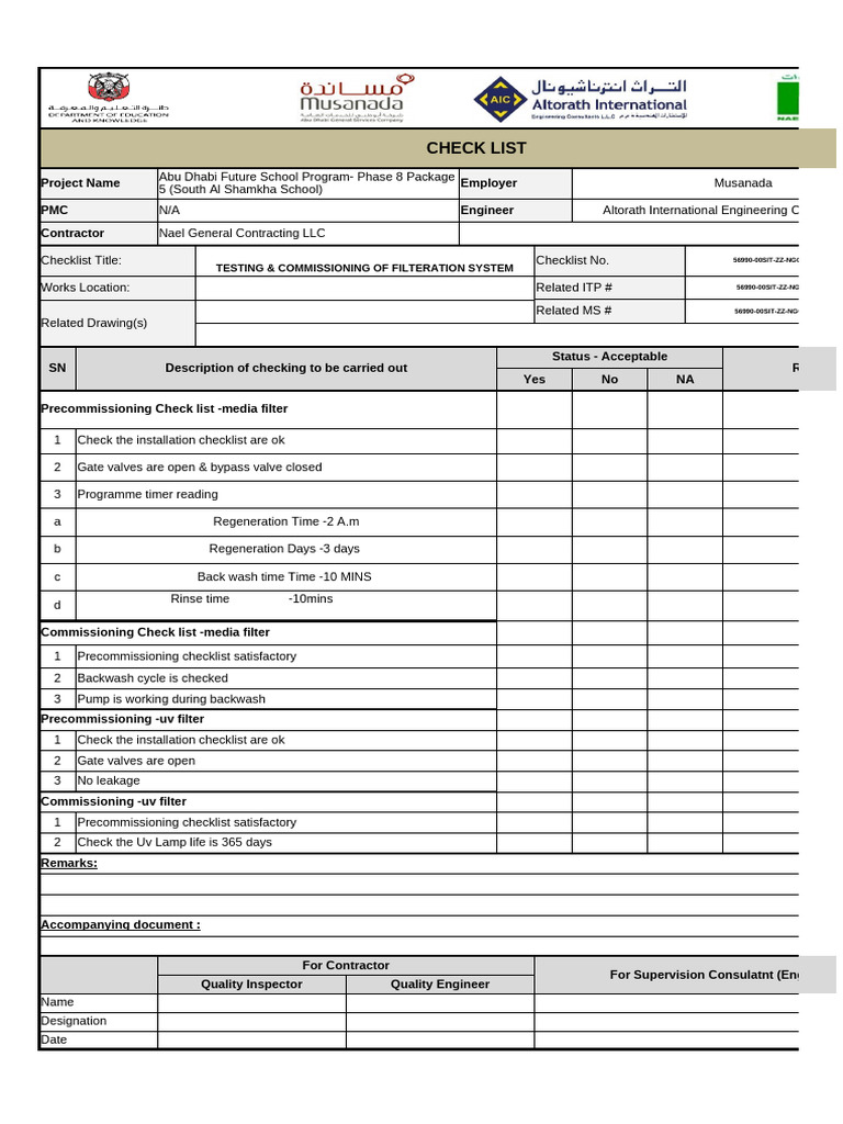 Filtration System Testing Checklist | PDF