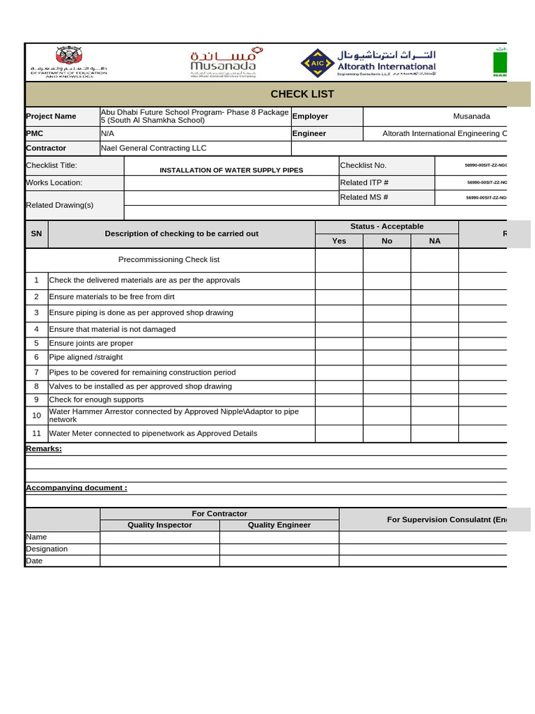Water Supply Pipe Installation Checklist | PDF | Building Engineering ...
