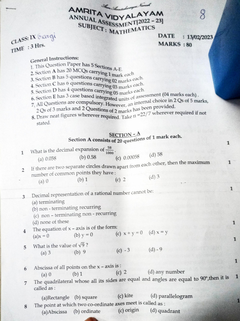 maths previous year paper std 9 | PDF