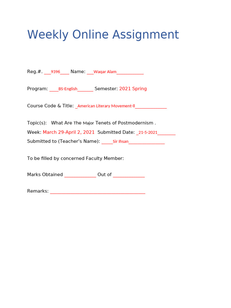 9396 waqar Alam_Assignment 8 (3) | PDF | Postmodernism | Postmodern Literature