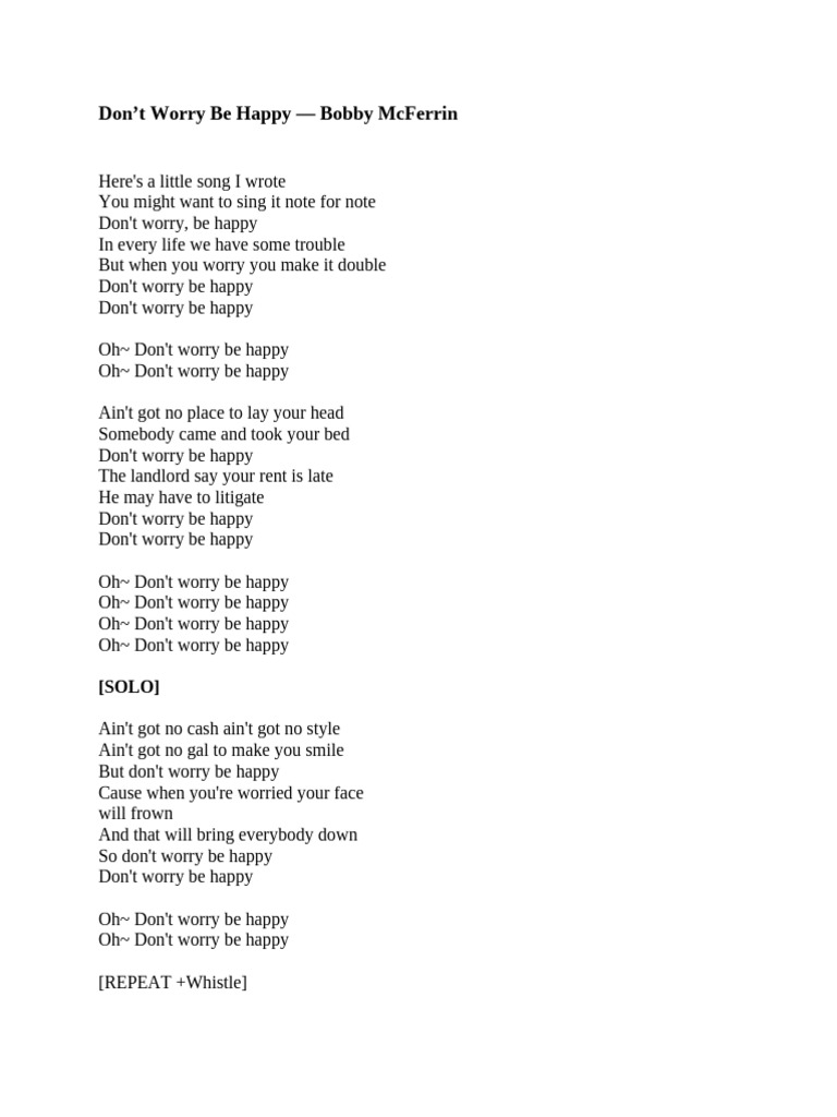 Bobby McFerrin's "Don't Worry Be Happy" Lyrics | PDF