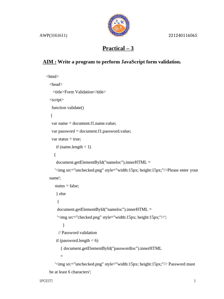 JavaScript Form Validation Example | PDF