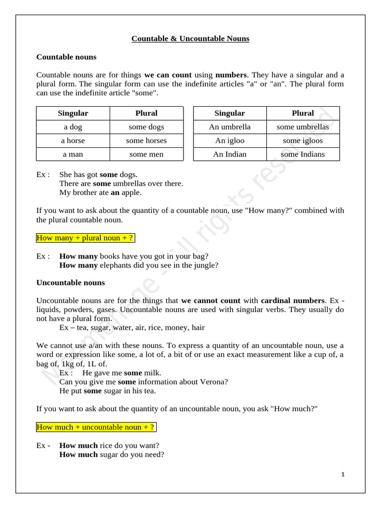 Countable & Uncountable Nouns | PDF | Plural | Noun