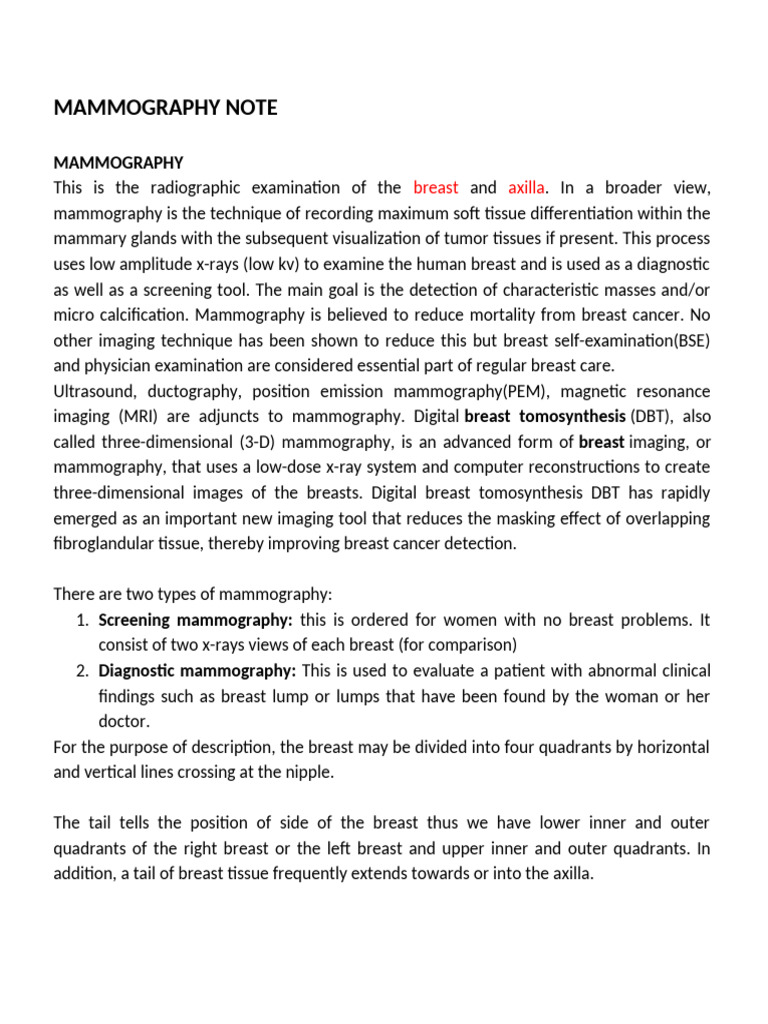 Mammography NOTE LATEST | PDF | Mammography | Breast Cancer