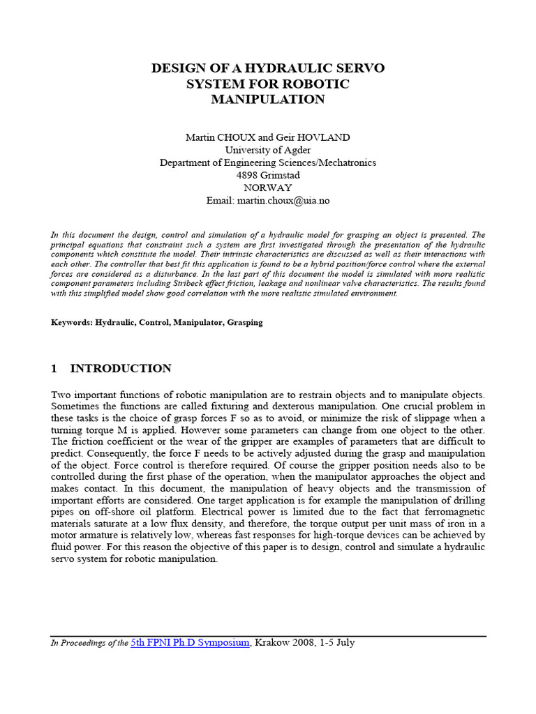 Hydraulic Servo System Design for Robots | PDF | Pump | Valve