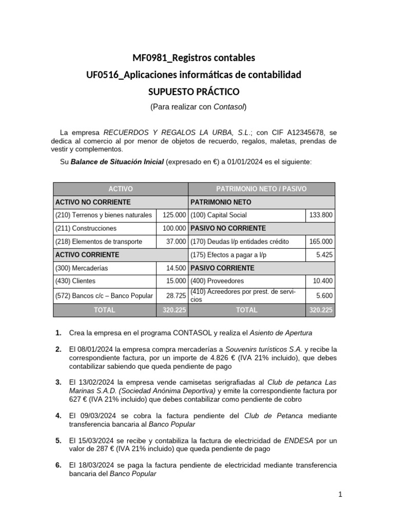 MF0981 - UF0516 - Aplicaciones Informáticas de Contabilidad - Supuesto Práctico | PDF ...