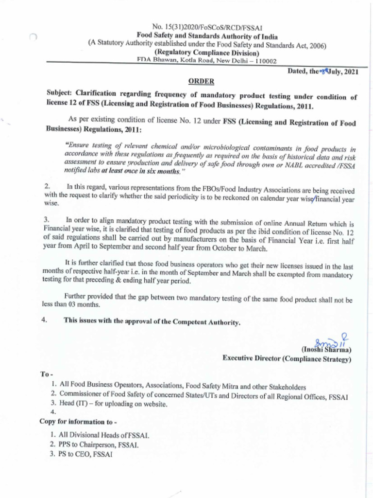 FSSAI Six Monthly Testing | PDF