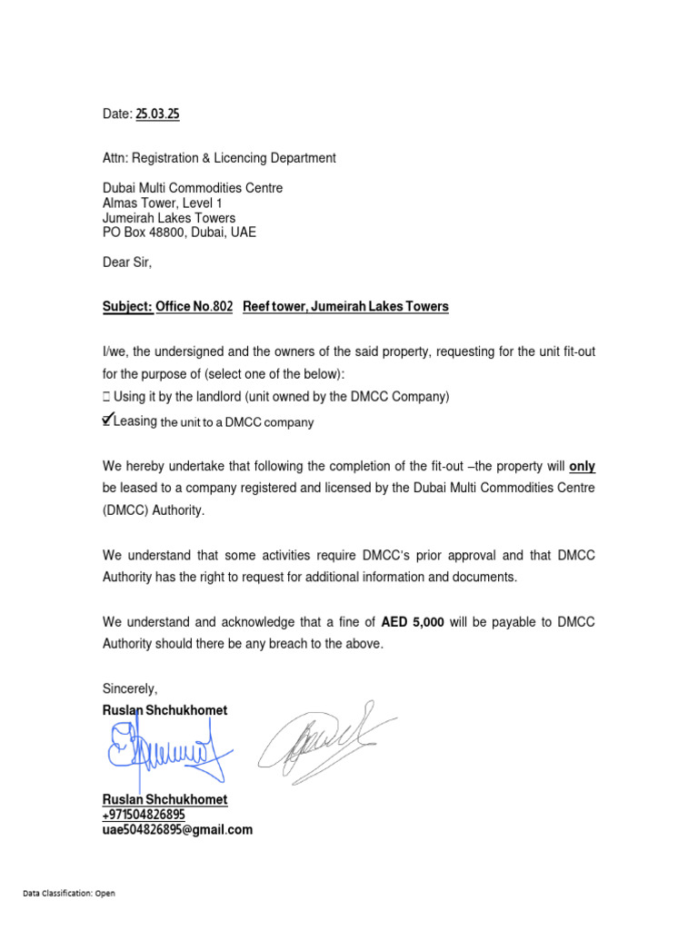 DMCC Fit-Out Undertaking Letter | PDF