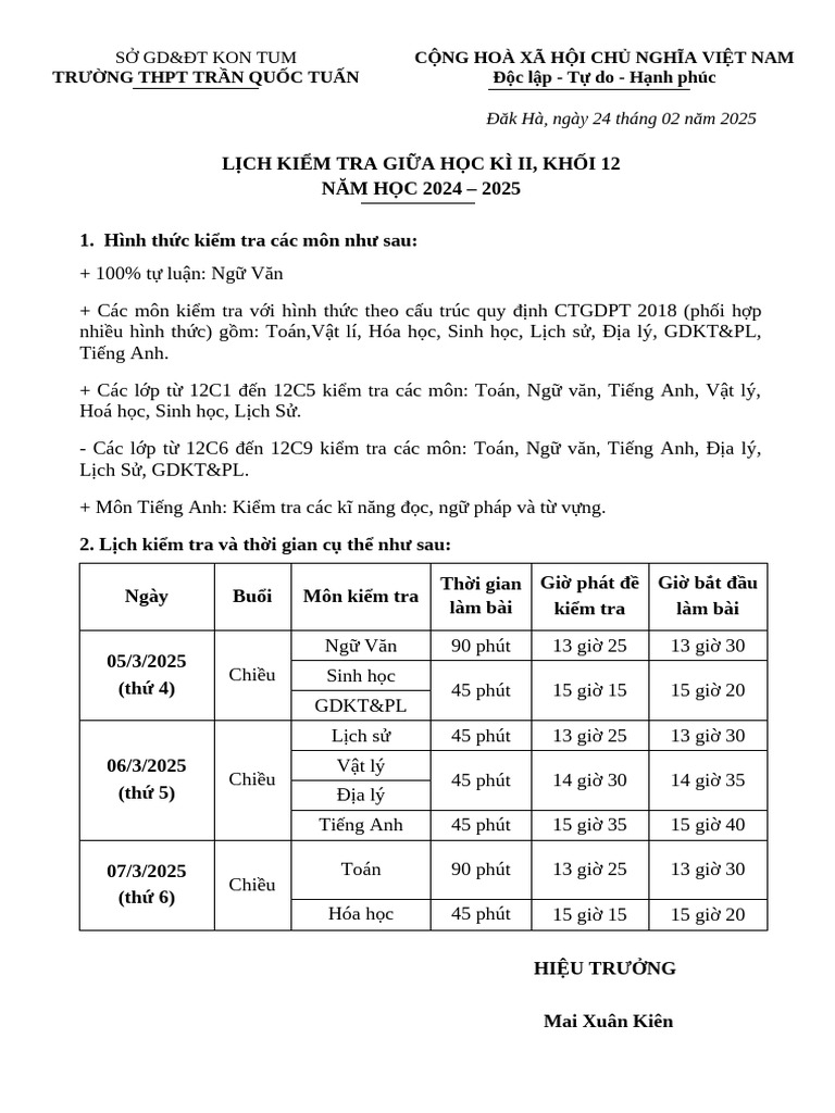 Lich Kiem Tra Giua HK 2 LOP 12 Năm Học 2024 2025 | PDF