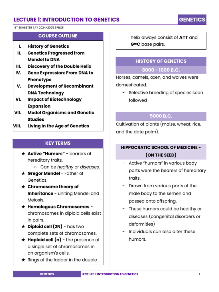 Lecture 1 - Introduction To Genetics | PDF | Genetics | Dna