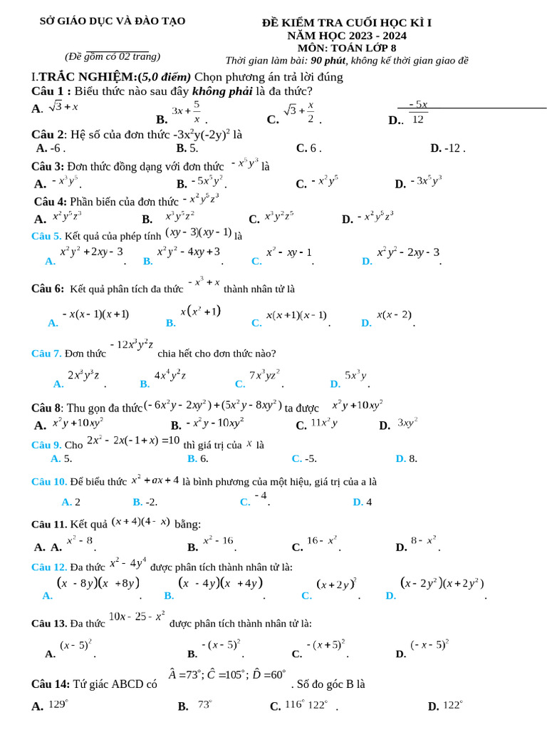 De Thi Cuoi HK I Toan 8 KNTT | PDF