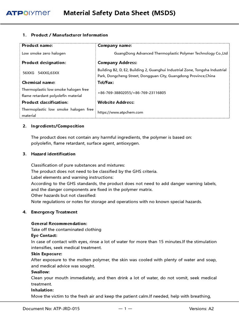Low Smoke Halogen-Free MSDS Guide | PDF | Toxicity | Dangerous Goods
