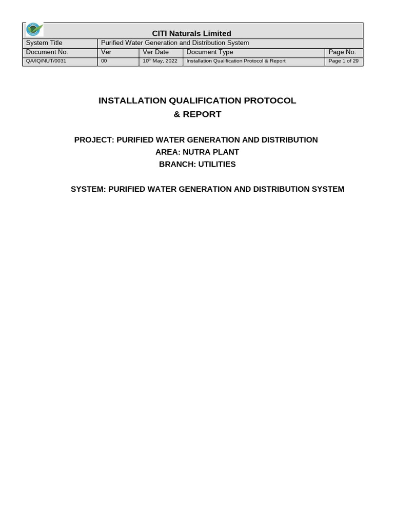 Purified Water System Installation Report | PDF | Verification And ...