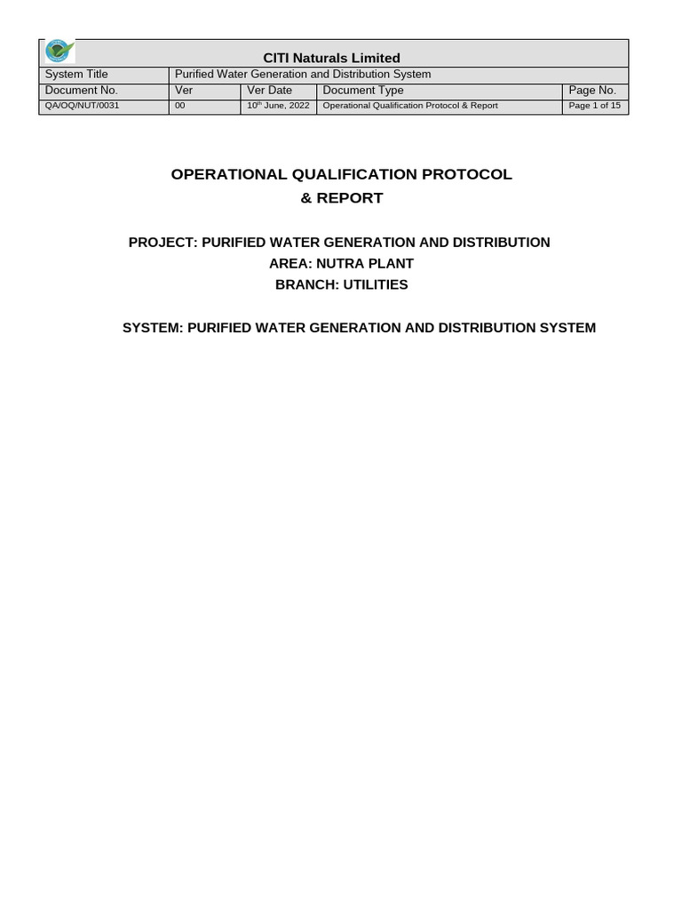 OQ Purified Water Generation and Treatment Plant | PDF | Verification And Validation | Calibration