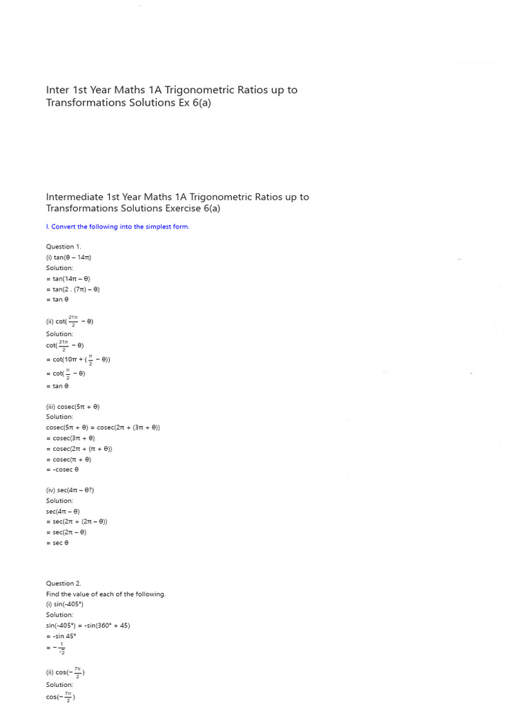 Inter 1st Year Maths 1a Trigonometric Ratios Up To Transformations Solutions Ex 6 A Pdf