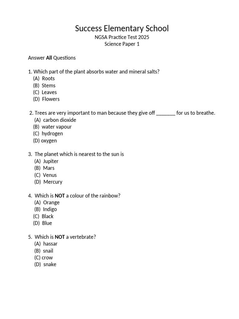 NGSA Practice Test Science Paper 1 - 29th March, 2025 | PDF | Blood | Foods