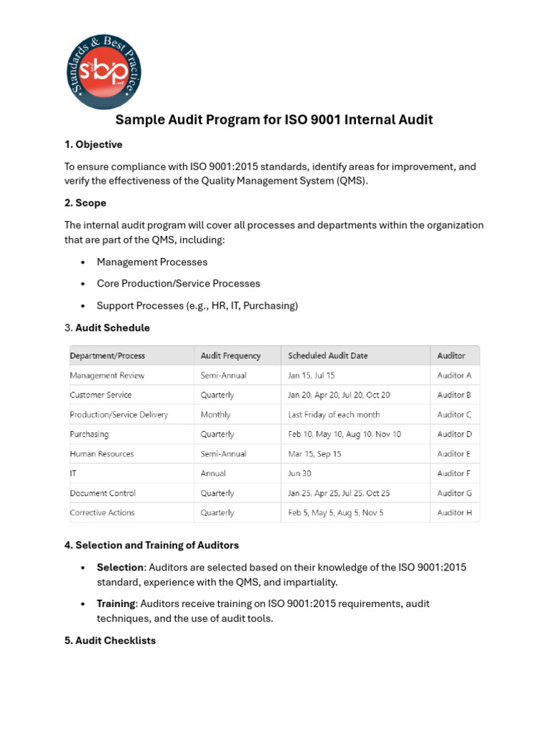 Sample Audit Program For ISO 9001 Internal Audit | PDF | Audit | Auditor's Report