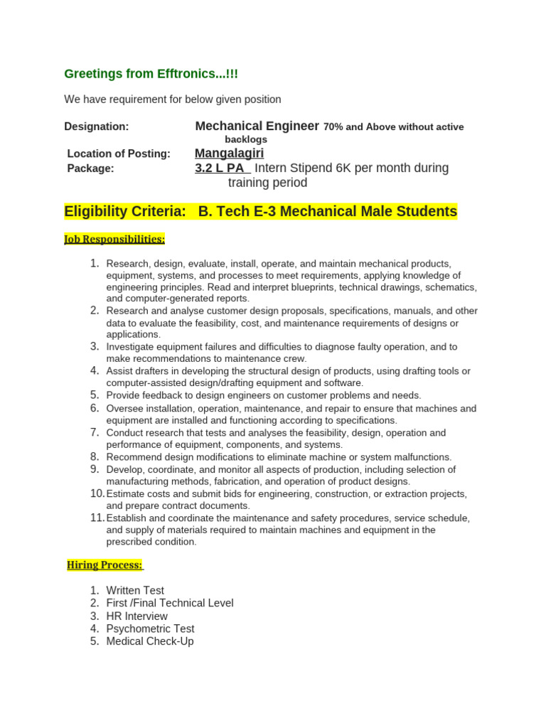 Efftronics Mech JD Details | PDF | Specification (Technical Standard) | Engineer