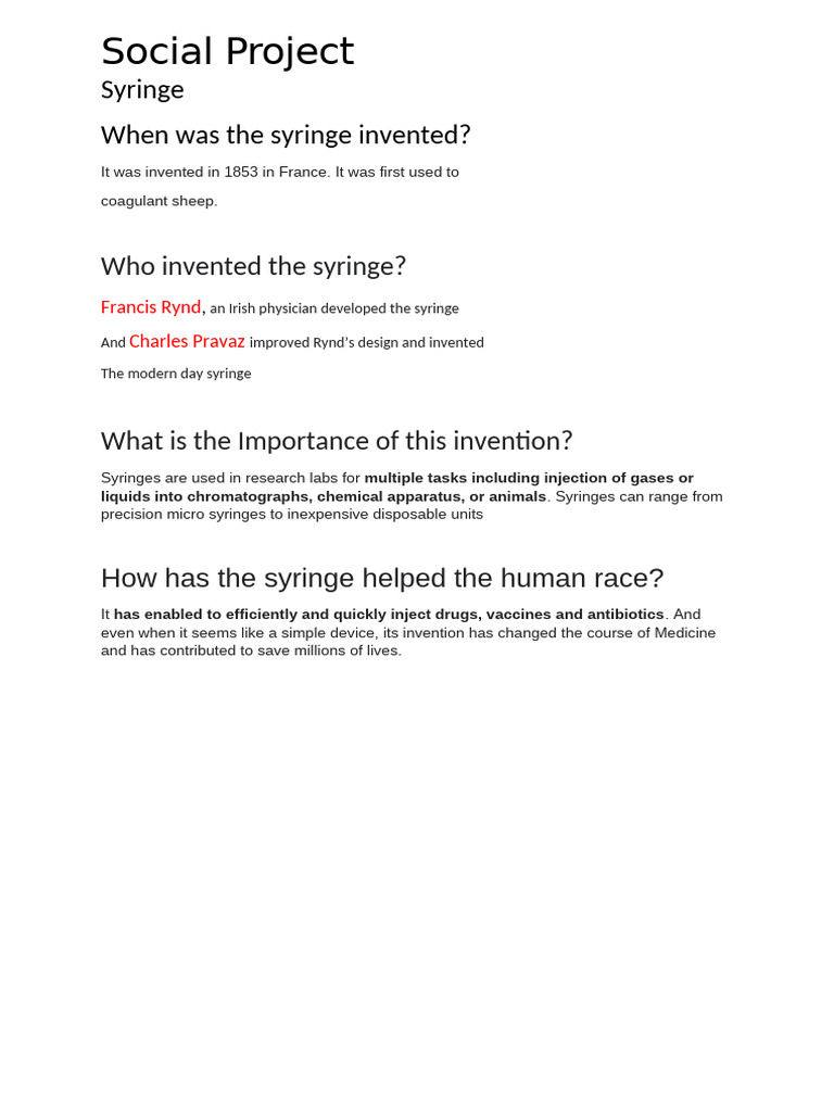 History and Impact of the Syringe | PDF