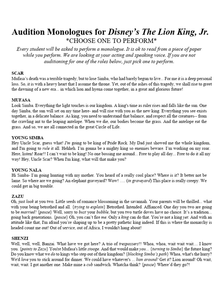 Lion King Audition Monologues | PDF