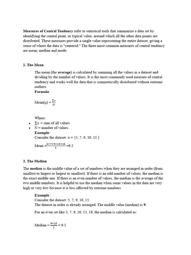 Measures of Central Tendency Refer To Statistical Tools That Summarize A Data Set by Identifying ...