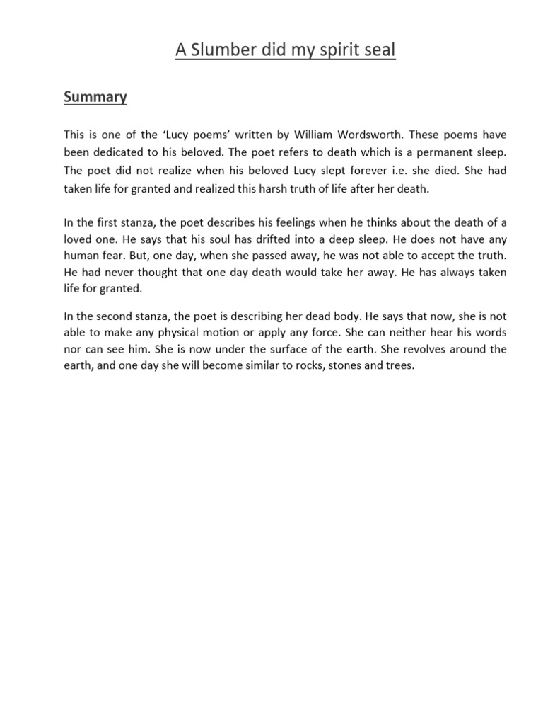 A Slumber Did My Spirit Seal Summary | PDF