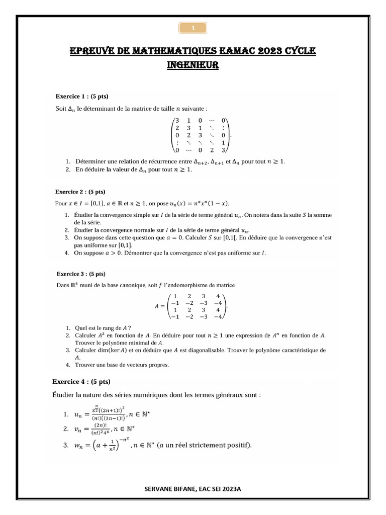 Epreuve de Mathematiques Eamac 2023 Cycle Ingenieur | PDF
