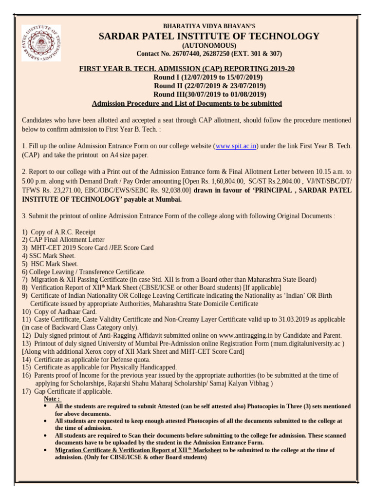 Admission Procedure and List of Documents To Be Submitted For Admission ...